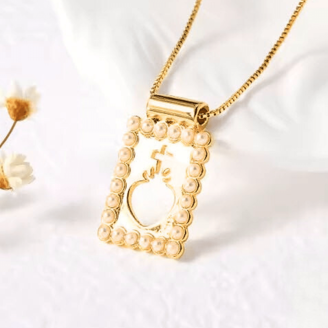 Sacred Heart of Jesus Pendant | Gold-Plated Pearl-Encircled Necklace ...