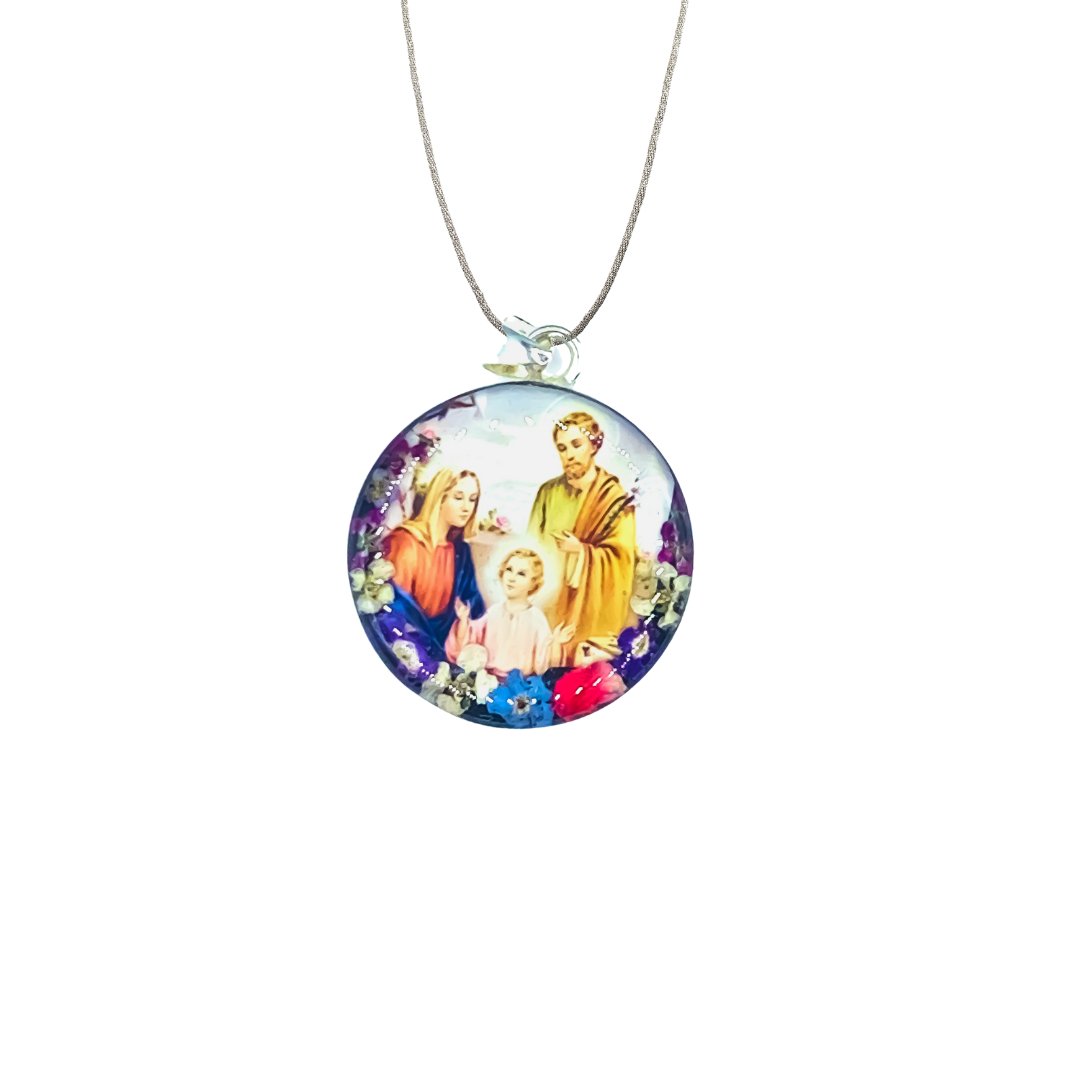 Holy Family Large Round Pendant w/ Pressed Flowers 18-inch – Guadalupe ...