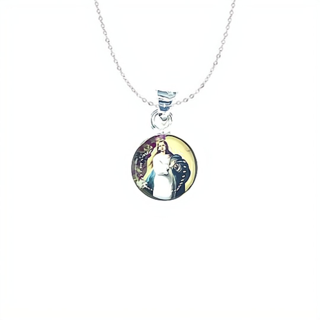 Immaculate Conception Mini Round Pendant w/ Pressed Flowers 18-inch ...