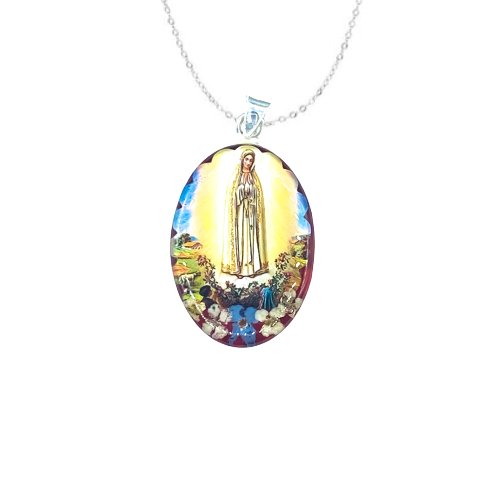 Our Lady of Fatima Large Oval Pendant w/ Pressed Flowers 18-inch ...
