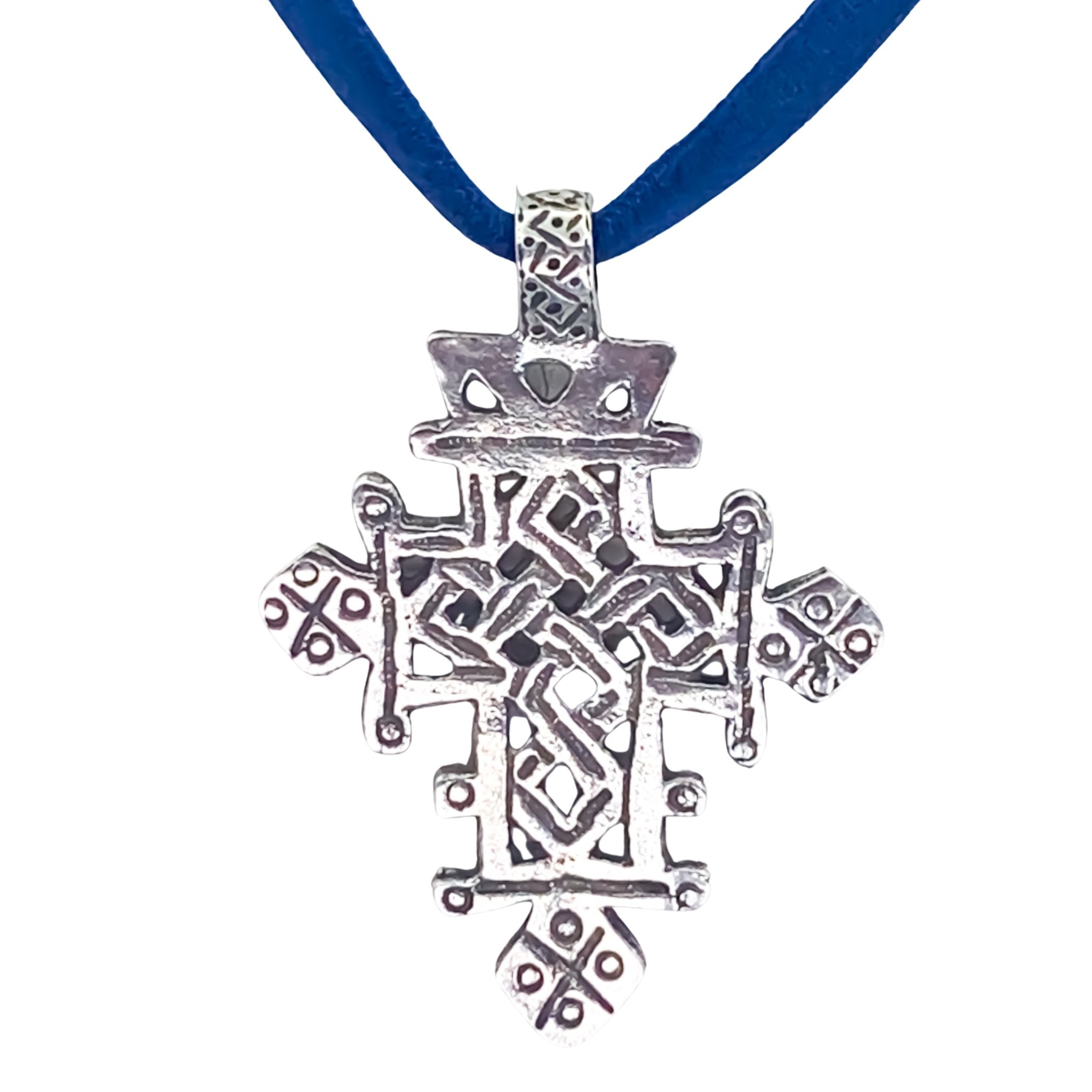 Silver-Plated Complex Cross Navy Blue Velvet Necklace 18-inch ...