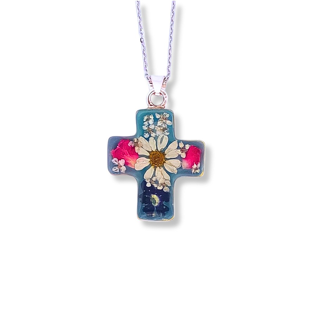 Thick Cross Necklace w/ Pressed Flowers 18-inch – Guadalupe Gifts